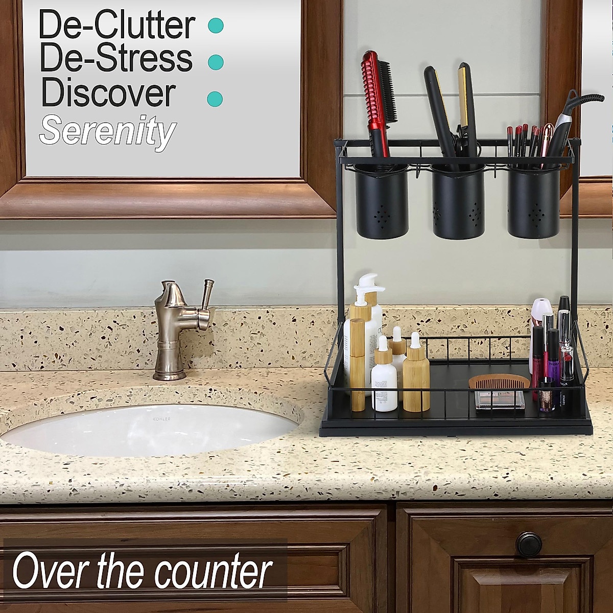 Kamsea Hair Tool Organizer For Bathroom Under Sink for Hair Dryer, Flat Irons, Curling Wands, Hair Straighteners – 2-in-1 Cosmetic Storage with Pull-Out Tray [2 Mats]