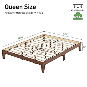 COLAMY 12 Inch Wood Platform Bed Frame，Sturdy Queen Size Bed Frame with Wood Slat Support, No Box Spring Needed, Easy Assembly, Espresso