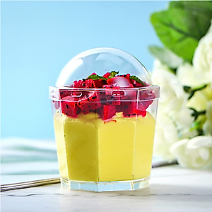 DongAi 25Pcs 6-Ounce Transparent Plastic Dessert Cups,Octagon Clear Plastic Dessert Tumbler Cups Serving Bowls with, 25 Tablespoons and Lids，Pudding Ice Cream Yogurt Candy for at The Parties Weddings