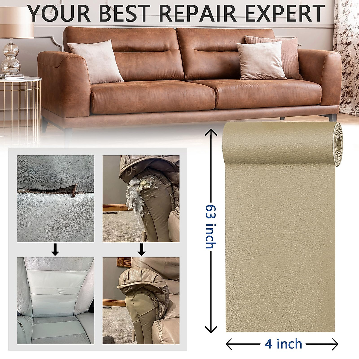 YAFCL Leather Repair Patch for Furniture, 4" x 63" Leather Repair Tape self Adhesive, Leather Repair Patch for couches car seat Sofa Jackets Handbags Medium Beige