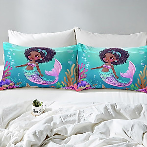 Erosebridal Black Mermaid Comforter Cover Twin Black Princess Girl Bedding Set Cute Ocean Mermaid Bed Set for Little Girls American African Duvet Cover Marine Life Room Decor 1 Pillow Case
