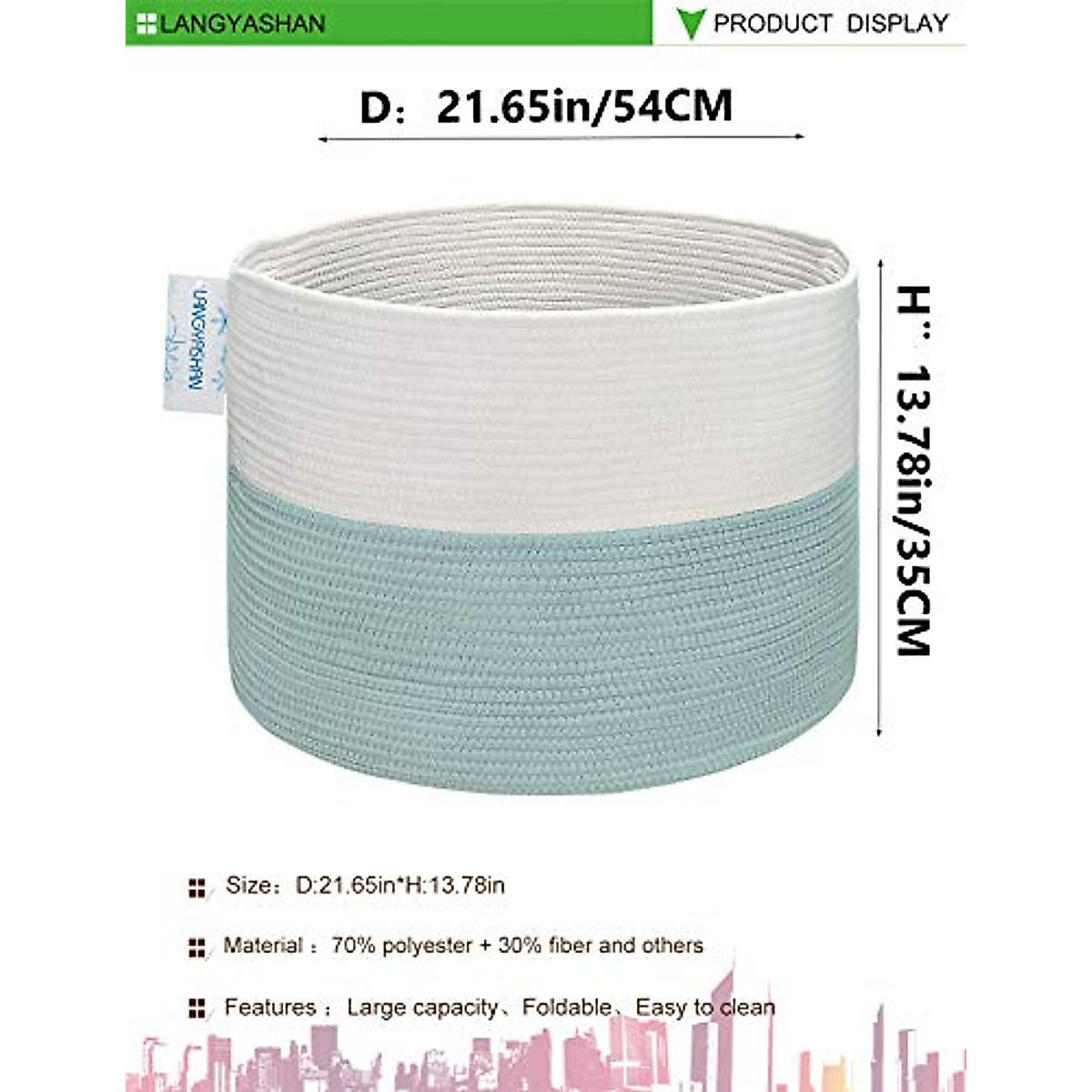 LANGYASHAN 21.65" x 13.78" XXXLarge Woven Cotton Rope Basket Decorative Blanket Basket for Living Room Toys Sofa Throws Storage Towels or Nursery Laundry Hamper Basket with Handles Laundry Basket (Blue)