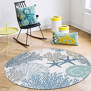 Round Area Rug 4ft Nautical Coastal Ocean Coral Rug Soft Sofa Nursery Carpet Floor Mat Non Slip Area Rugs for Indoors/Outdoor Living Room Bedroom Dining Room Home Decor Beach Themed Blue Teal Rug