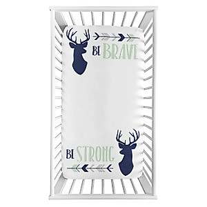Sweet Jojo Designs Woodland Deer Boy Fitted Crib Sheet Baby or Toddler Bed Nursery Photo Op - Navy Blue, Mint and Grey Woodsy Arrow Be Brave Be Strong