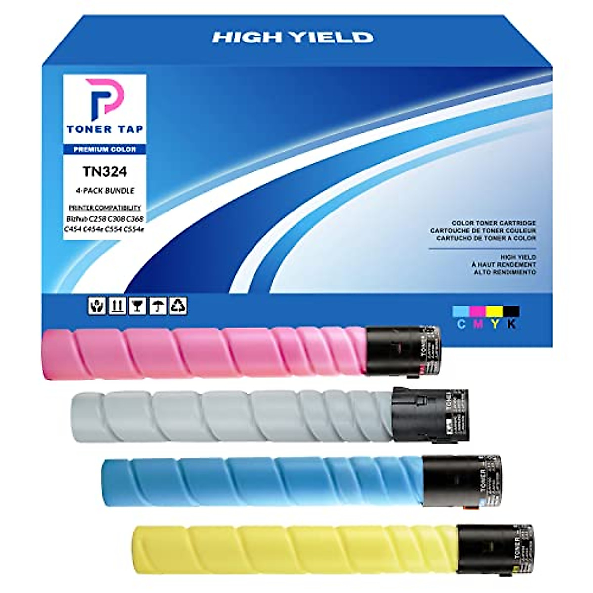 Toner Tap High Yield for Konica Minolta Bizhub C258 C308 C368 C454 C554 C454e C554e (4 Pack Bundle) TN-324K TN-324C TN-324M TN-324Y TN-512K TN-512C TN-512M TN-512Y Compatible Replacements