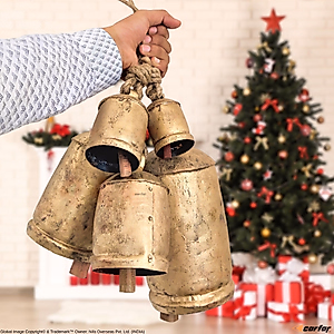 Carfar Set of 5 Rustic Style Bells Handmade Large Metal Harmony Christmas Hanging Cow Bells Complete Set on Jute Rope