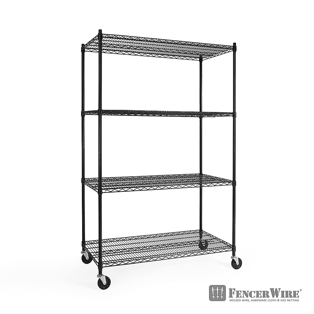 Fencer Wire 4-Tier Commercial Grade Heavy Duty Adjustable Height Wire Shelving w/Casters & Leveling Feet, Garage Shelving Storage Organizer, Storage Metal Steel Shelf, Utility Storage Shelf, Black.