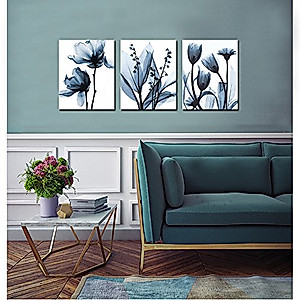 sechars - Modern Canvas Art Wall Decor,Blue Flower Picture Printed on Canvas Painting,Abstract Floral Artwork Bedroom Decoration,Stretched and Framed Ready to Hang