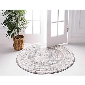 Unique Loom Rosso Collection Traditional, Medallion, Distressed, Bohemian, Vintage, Southwestern Area Rug, 4 ft x 4 ft, Gray/Ivory