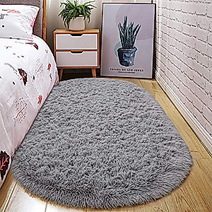 junovo Oval Fluffy Ultra Soft Area Rugs for Bedroom Plush Shaggy Carpet for Kids Room Bedside Nursery Mats, 2.6 x 5.3ft, Grey