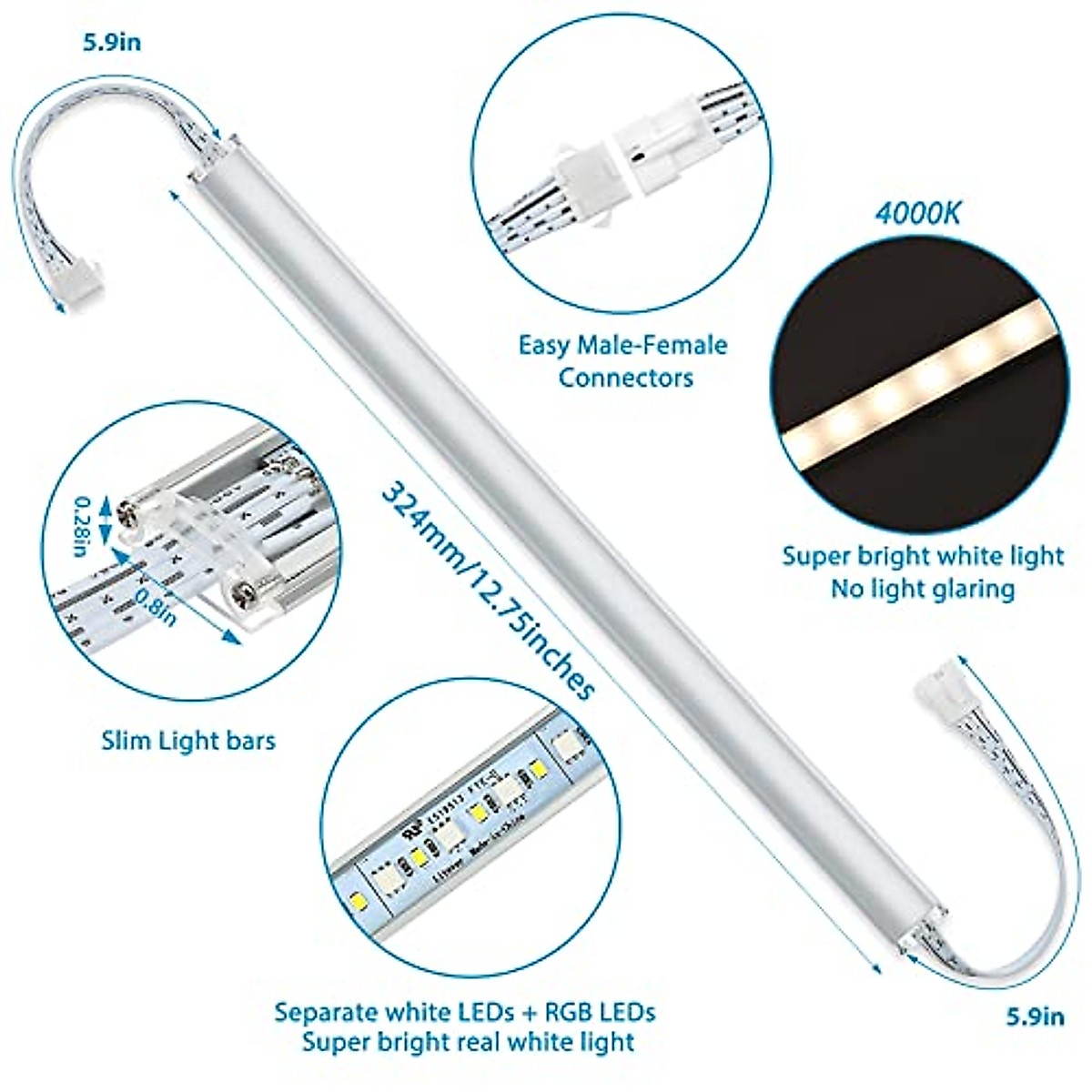 Kitchen Under Cabinet LED Light. RGBW. Color Change & Super Bright Cool White Light. Remote with Dimming. 6 LED Light Bars with Power Adapter, Extension Cable. Plug in. Easy to Install. RGB + 4000K.