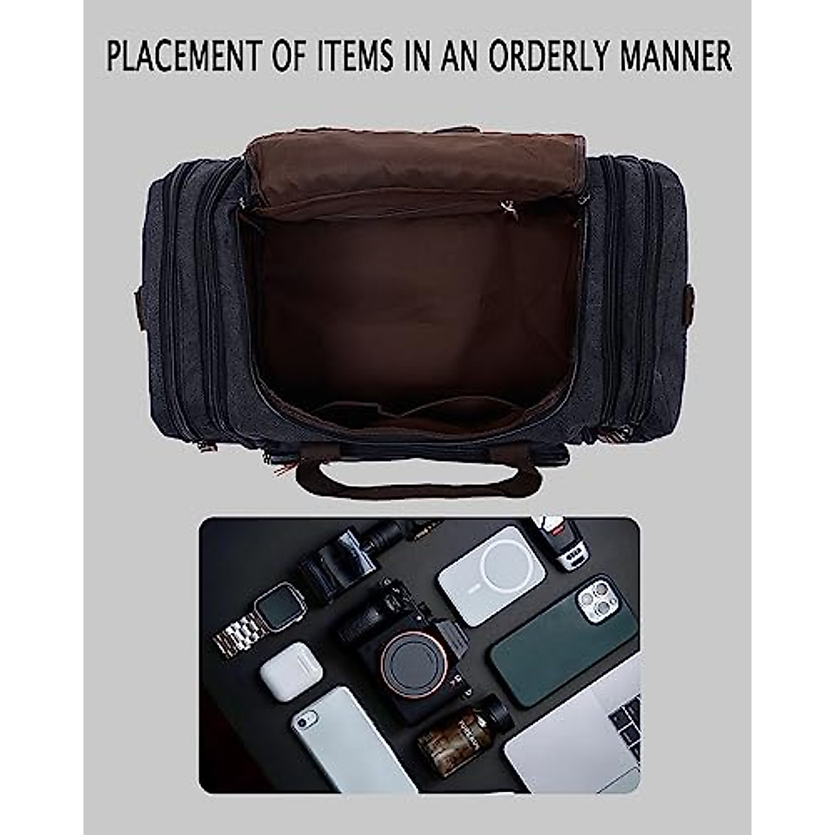 Canvas Duffle Bag Mens with Shoes Compartment，（50L/55L）Travel Bag for Men Adjustable Capacity Weekend Overnight Bag Carry on Bag Hospital Holdalls (Black)