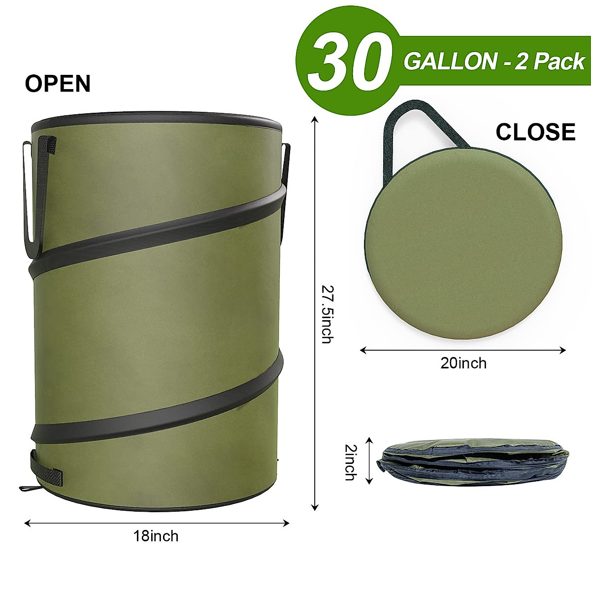 Sprinia 2-Pack 30 Gallon Collapsible Pop-Up Trash Can for Camping, RV - Waste Yard Bag for Gardening Lawn/Leaf - 30 Gallon Each Bag, Green