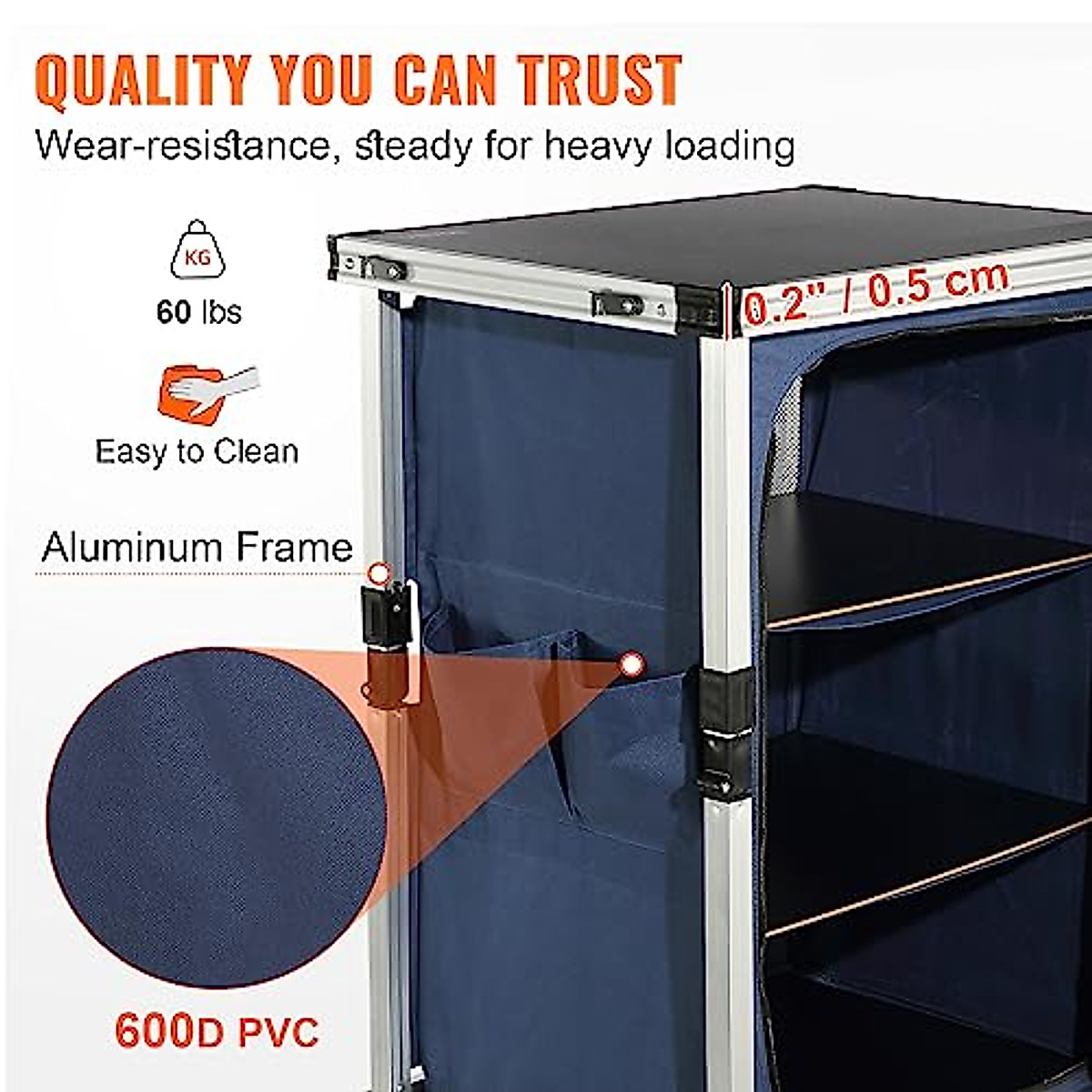 VEVOR Camping Kitchen Table Storage, Outdoor Pop-up Aluminum Portable Folding Cook Station with 3-Tier Organizer, Side Pocket & Carrying Bag, Quick Set-up for BBQ Party Backyard RV Traveling, Blue