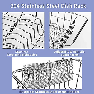Lixin Tech Expandable Deep Type Large Plate Sink Dish Drying Rack for Kitchen Counter, Durable 304 Stainless Steel Dish Drainer with Utensil Holder Over Sink, Rustproof- Large