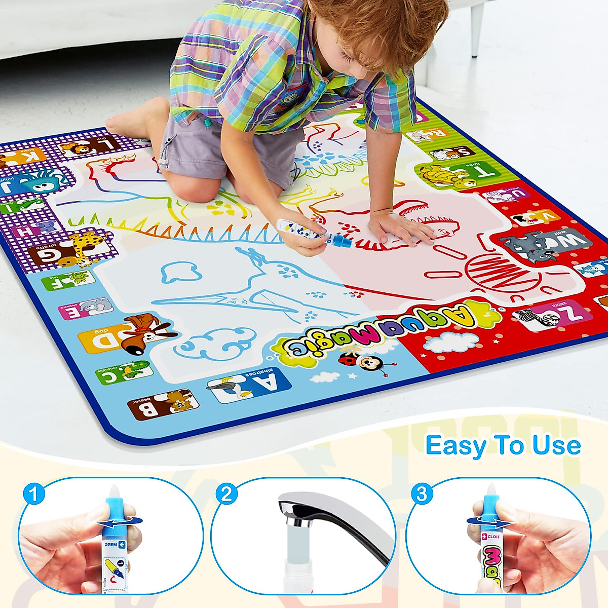 Jasonwell Aqua Water Doodle Mat 31x31 Inches Large Magic Drawing Doodling Mat Coloring Mat Educational Toys Christmas Birthday Gifts for Kids Toddler Boys Girls Age 2 3 4 5 6 7 8 Year Old (Alphabet)