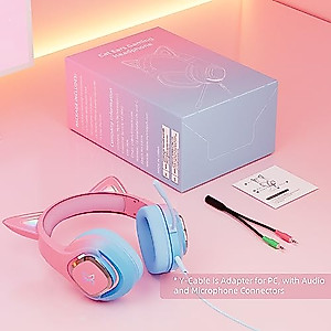 Mytrix Cat Ear Gaming Headset Compatible with PS4, PS5, Xbox, PC, MAC, Switch, Gradient Pink Blue Wired Gaming Headphones with 360° Rotation Microphone, Surround Sound, Soft Earmuff, RGB Light Effect