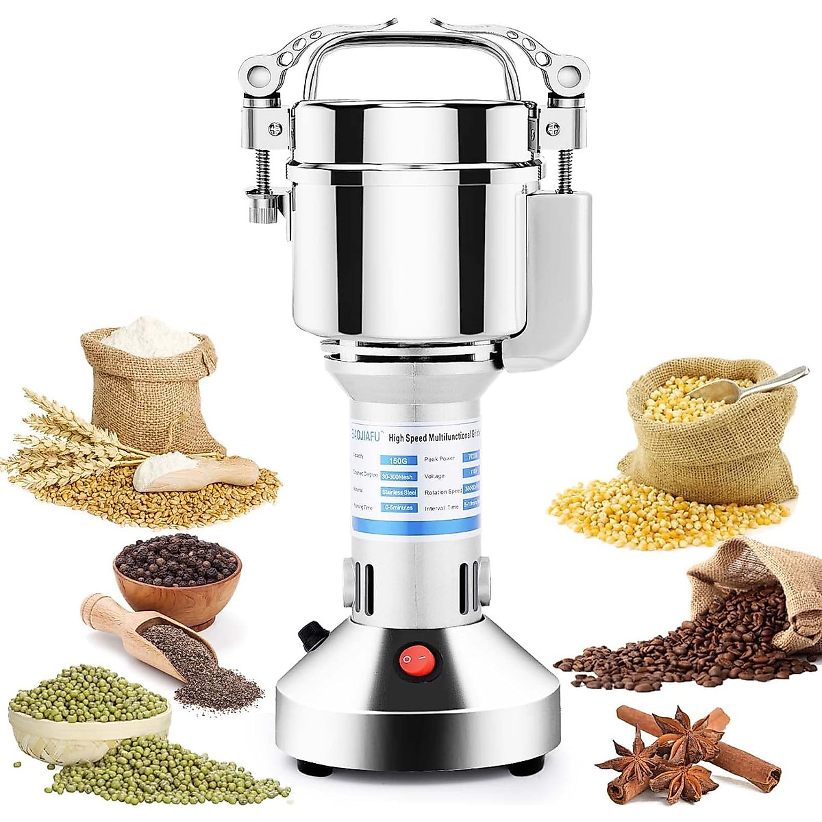 BAOJIAFU Electric Grain Mill Grinder 150g High-speed Grain Spice Herb Grinder 700W Dry Grinder Machine 304 Stainless Steel Superfine powder Grinder 36000r/min for Kitchen Home and Commercial (150G)