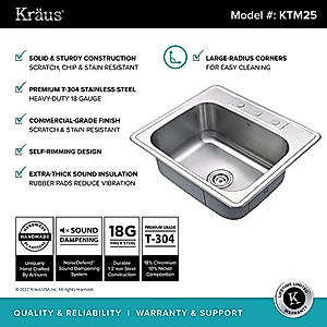 Kraus KTM25 25 inch Topmount Single Bowl 18 gauge Stainless Steel Kitchen Sink