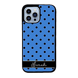 Blue Black and White Polka Dot Personalized Apple iPhone Black Rubber Phone Case Compatible with iPhone 14 Pro Max, Pro, Max, iPhone 13 Pro Max Mini, 12 Pro Max Mini, 11 Pro Max X XS Max XR 8 7 Plus
