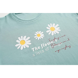 Vopmocld Big Girls' 2-Piece Cotton Pajamas Cute Cat Panda Sleepwear Short Sleeve Long Pants Nighty Sets, Floral-Green, 12