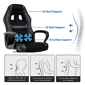 Gaming Chair Computer Chair Office Chair Ergonomic High Back Massage PC Desk Chair with Lumbar Support & Padded Armrest Racing Style Cheap Adjustable Swivel Chair for Women Men Adult, Black