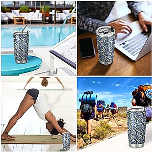 Amooorous Blue and Gold Sun Folding Fan Stainless Steel coffee cups with lids with Straw Leak Resistant Flip mug for hot drinks for hot and cold drinks simple tumblers with lids termos para cafe