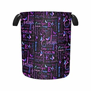 MyPupSocks Personalized Laundry Basket with Text, Customized Initial Monogram and Purple Butterflies Waterproof Laundry Basket with Name Lightweight Hampers for Laundry Clothes Towels Toys, Large