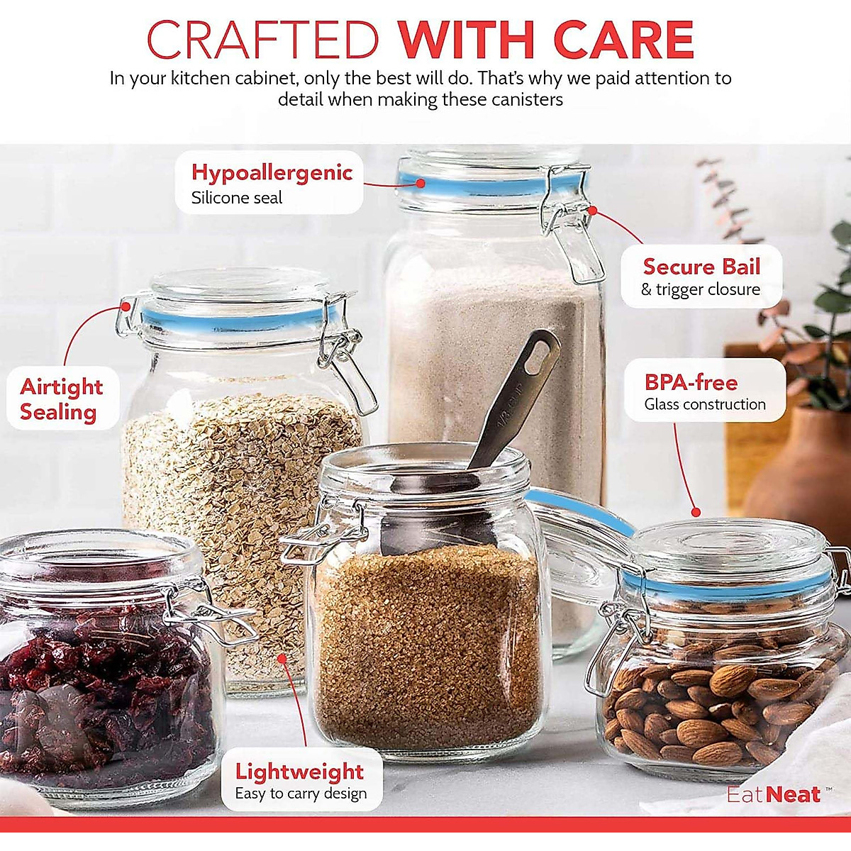 EATNEAT 5-Piece Airtight Glass Kitchen Canisters with Glass Lids - Set of 5 Mason Jars for Food Storage, Organization, and Canning - Food Storage Containers that Hold 68, 51, 34, 27, and 17 Ounces