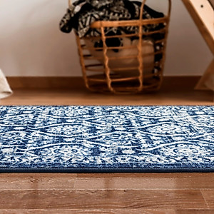 Antep Rugs Alfombras Non-Skid (Non-Slip) 2x4 Rubber Backing Floral Geometric Low Profile Pile Kitchen Area Rugs (Navy Blue, 2'3" x 4')