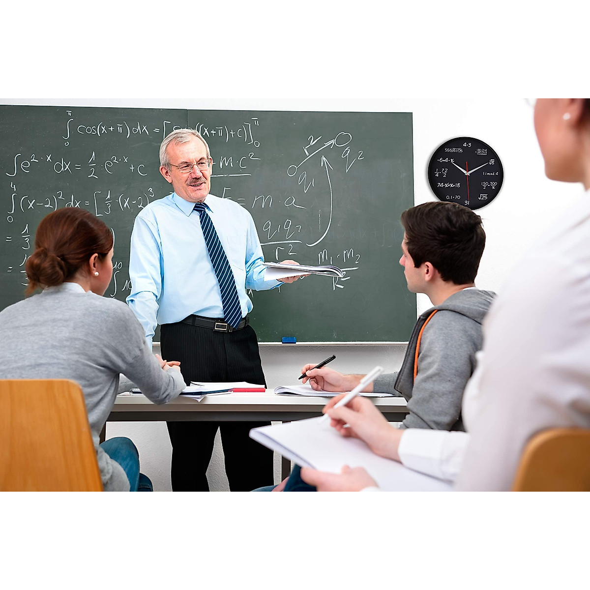 Bernhard Products Math Wall Clock Black 12 Inch Silent Non-Ticking Unique Gift for Teacher/Student/Engineer Graduate Quartz Round Battery Operated, Home Office School Classroom, Mathematical Equations