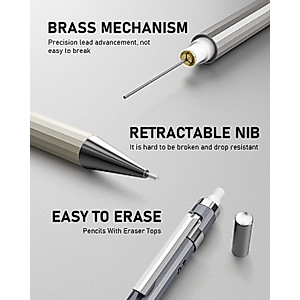 Nicpro 2 PCS 0.5 mm Metal Mechanical Pencils Set, Drafting Pencil for Artist Writing, Sketching, Drawing, with 4 Tubes HB Lead Refill & Erasers, Erasers Refills & Storage Case