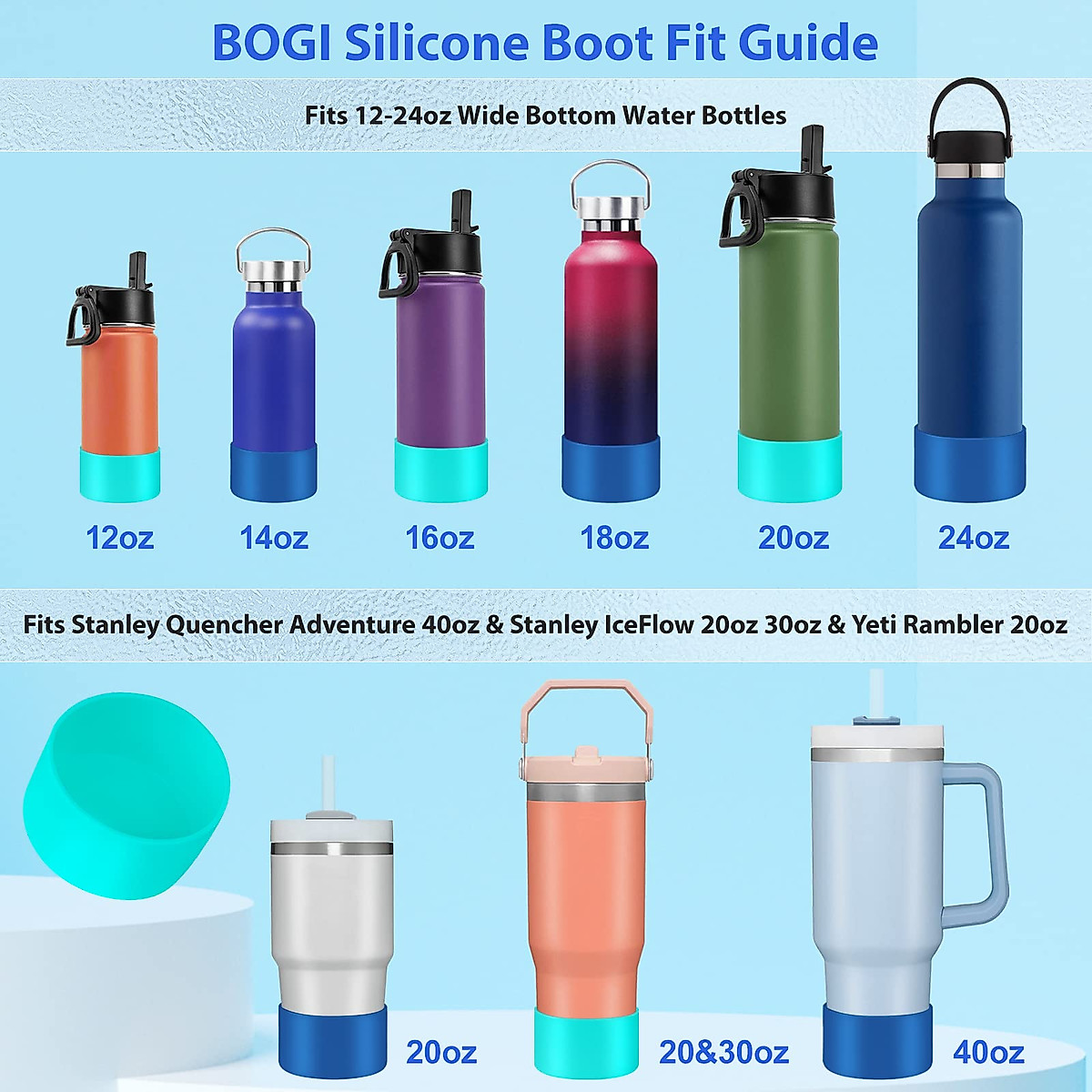 BOGI 2Pcs Silicone Boot for Stanley 40 oz Quencher & Stanley IceFlow 20oz 30oz, Noise Protective Silicone Boot for Water Bottle Anti-Slip Silicone Water Bottle Bottom Sleeve Cover for Stanley Tumbler