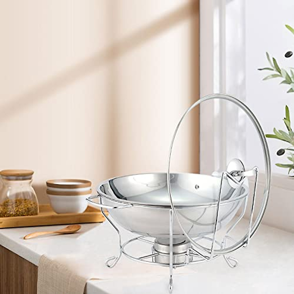 MagiDeal Round Buffet Chafer Multifunction with Lids 3.5L Portable Large Capacity Warming Tray Serving Tray Holder Chafing Dish for Catering Parties