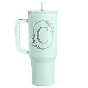 Personalized Monogrammed Tumbler with Handle 40oz, Letter C Tumblers Insulated Coffee Travel Cup, Custom Initial Gift for Women Girls Friends, Monogram Gift for Christmas Birthday Mothers Day