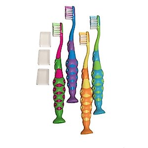 Secret for Longevity 4-Pack of Kids Childrens Toddler Extra Soft Bristle Easy Grip BPA Free Toothbrush Set w/Suction Base and Travel Dust Covers