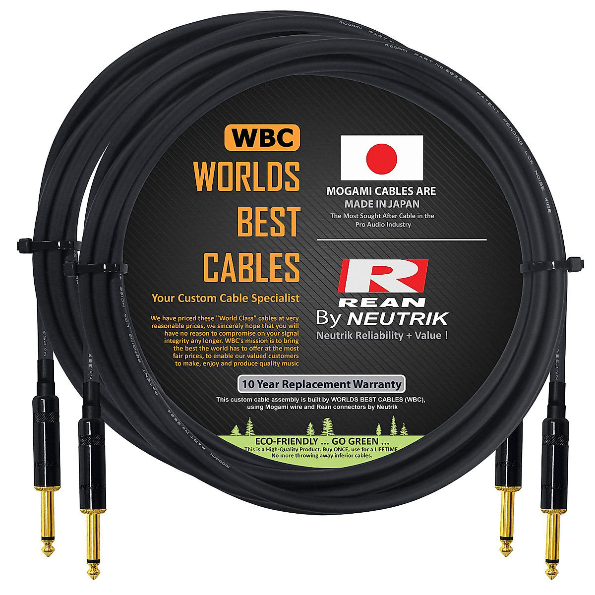 WORLDS BEST CABLES 2 Units - 10 Foot -Pedal, Effects, Patch, Guitar instrument cable CUSTOM MADE made using Mogami 2524 wire and Neutrik-Rean NYS224BG Gold ¼ inch (6.35mm) TS Plugs
