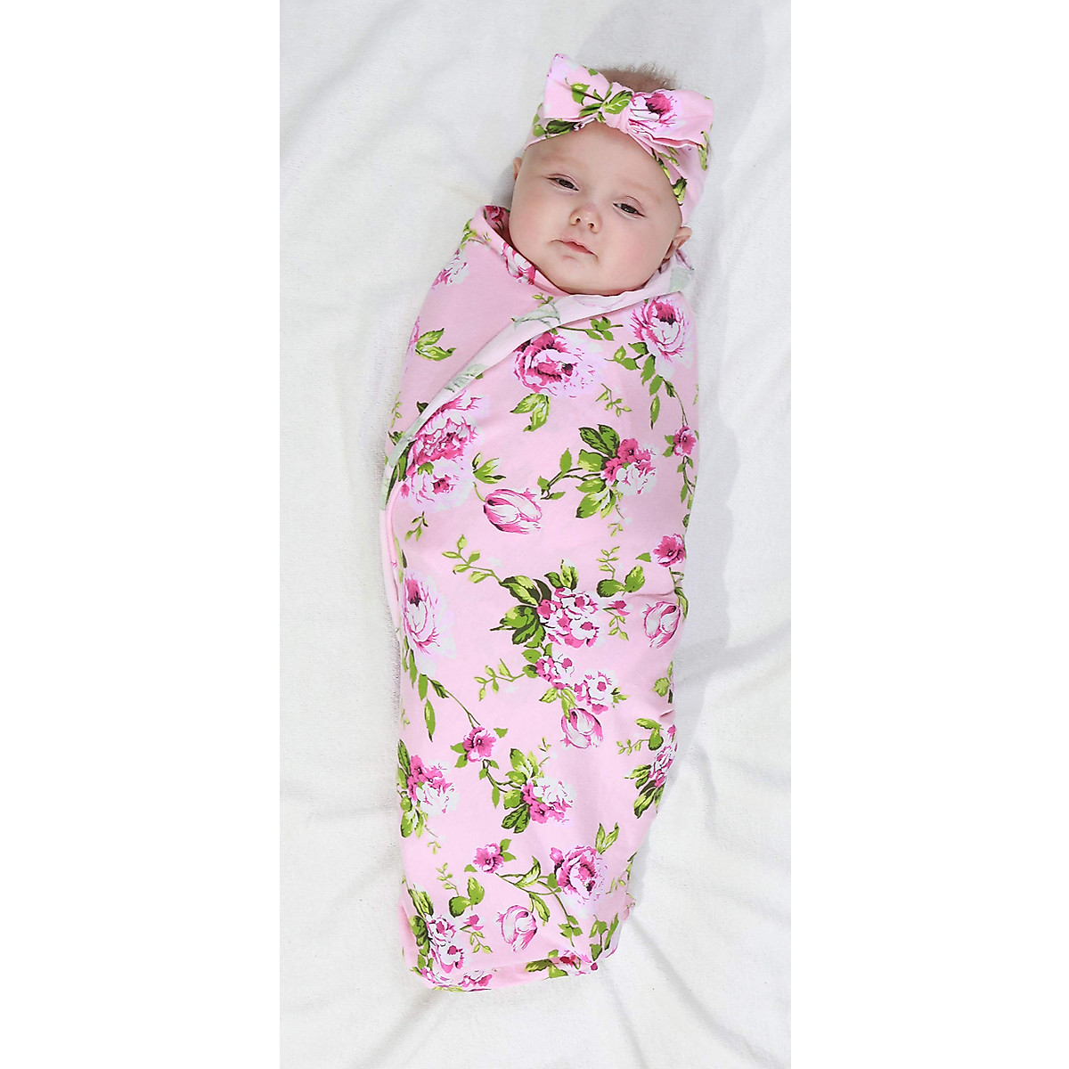 4 Pack Maternity Robe and Matching Baby Swaddle Blanket with Hat Headband Set, Stretchy Knitted Delivery Nursing Dress with Pockets and Receiving Blanket for Mummy and Baby (Pink Flower)