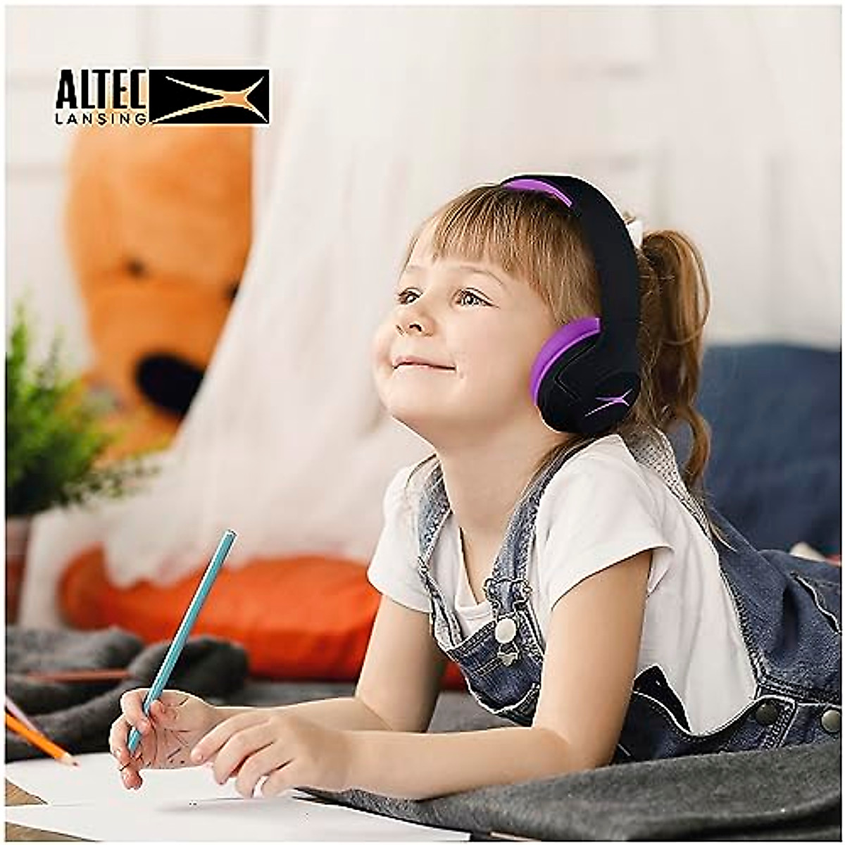 Altec Lansing Kid Safe Noise Cancelling Wireless Headphones 15H Battery, 85dB Volume Limit, Foldable Design Powerful Sound, Active Noise Cancellation Perfect for Kids Ages 7+ (Blackout Purple)