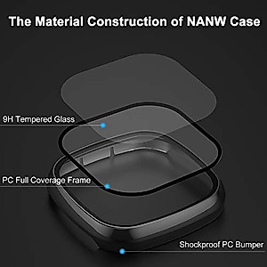 NANW Screen Protector Compatible with Fitbit Versa 3/Sense, Full Coverage Protective Bumpers with Tempered Glass, PC Sensitive Slim Touch Screen Covers for Versa 3 /Sense Smart Watch, Black