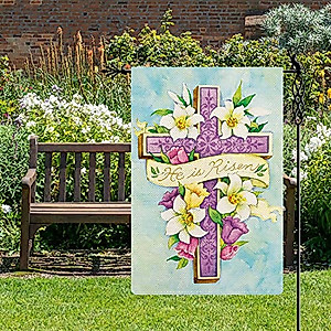 Kenomi He is Risen Garden Flag Purple Cross with Lily Garden Flag Neligion Vertical Double Sided Rustic Farmland Burlap Yard Lawn Outdoor Decor 12.5x18