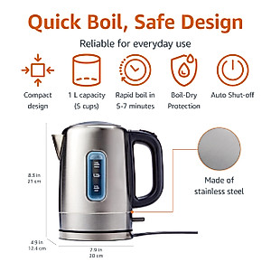 Amazon Basics Stainless Steel Portable Fast, Electric Hot Water Kettle for Tea and Coffee - 1 Liter, Gray/Black