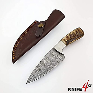 Knife4U Damascus Hunting Knife With Sheath|8"Best Camping,Hiking,Tactical,Survival Knife For Men|EDC Bushcraft Accessories Tool|Sharp Blade With Natural Handle And Knife Display Box (Rams Horn)