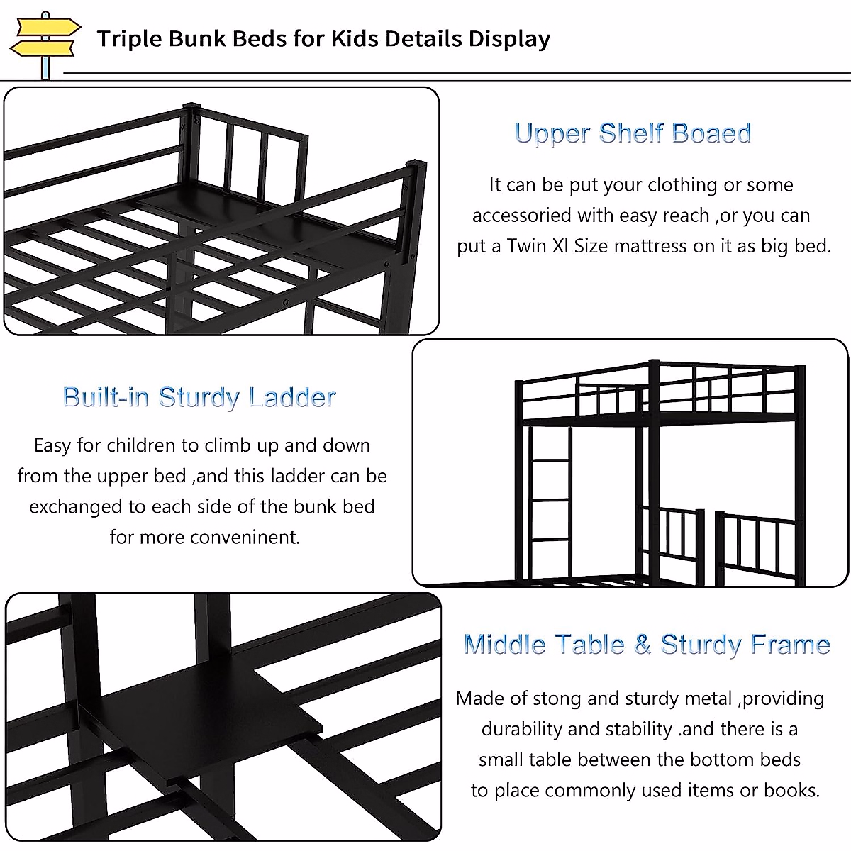 MERITLINE Triple Bunk Beds for 3, Metal Bunk Bed Twin Over Twin & Twin Size, Three Bed Bunk Beds for Kids, Teens,Can be Separated into 3 Twin Beds, Black