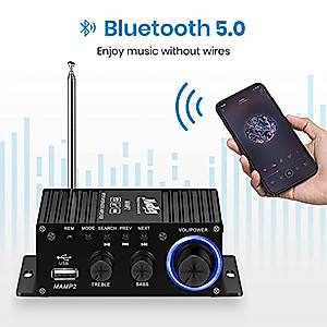 Moukey Mini amplifier home audio Bluetooth 5.0 for speakers- 50W 2 Channel Power Audio Receiver FM USB, AUX, with Remote Control, Power Supply for Car Home use, Tablets, Phones, Computers - MAMP2