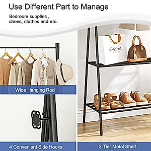 FANHAO Clothing Rack for Hanging Clothes, Sturdy Stainless Steel Clothes Rack with 2-Tier Shelf and 4 Hooks, Freestanding Garment Rack, Easy to Assemble Hanger Rack, Matte Black