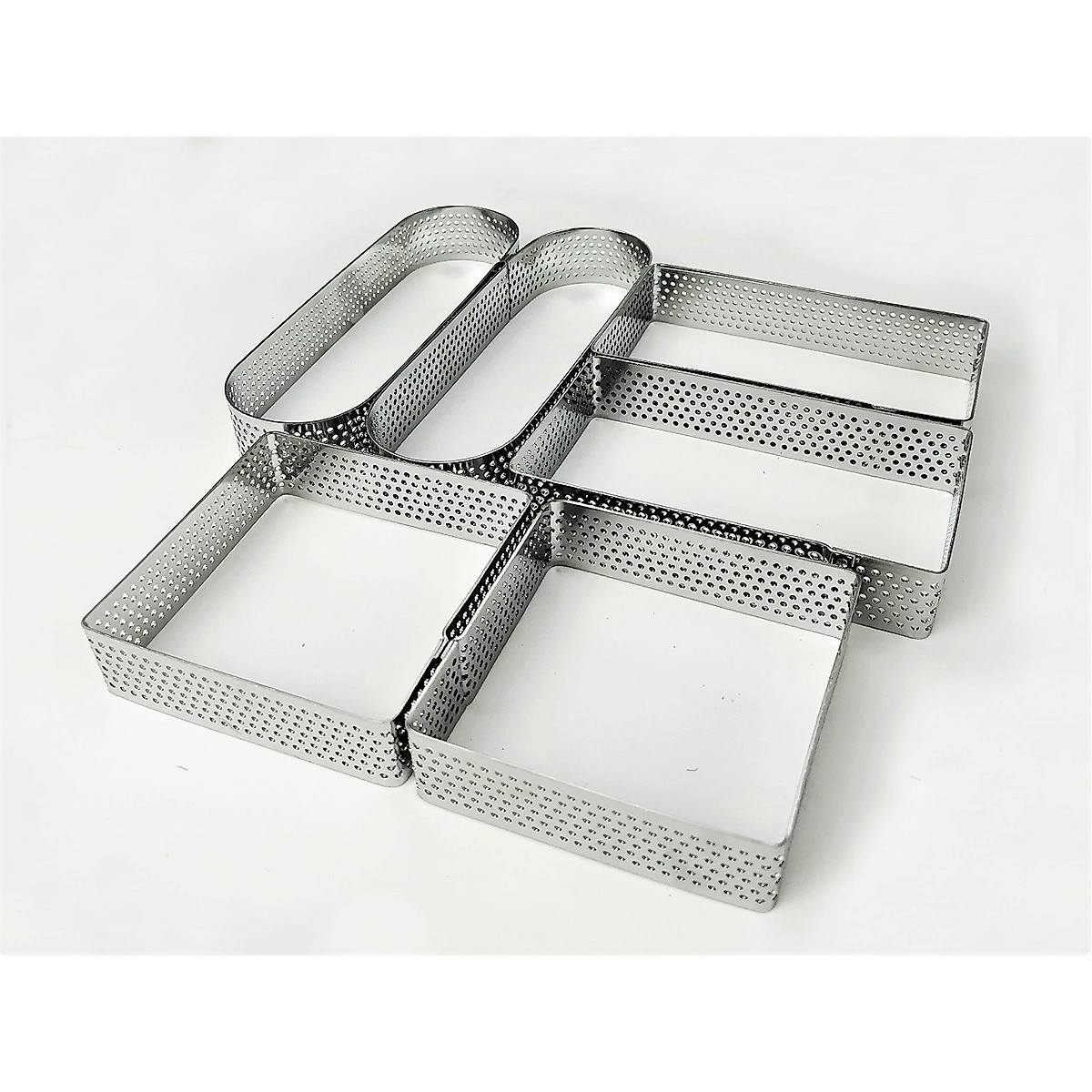 NewlineNY Stainless Steel 6 Pcs Perforated Oval Rectugular Square Tart Rings Molding Plating, Set of 6: 2 of each (13cm x 4cm 5" x 1.5") + (10cm x 5.5cm 4" x 1.5") + (7cm 2.8" square) x (2cm 0.8" H)