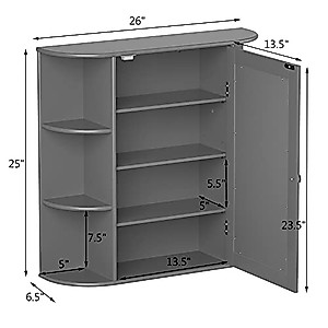 Moccha Bathroom Cabinet, Mirrored Wall Mounted Medicine Cabinet with Mirrored Door and 6 Open Shelves, Floating Shelf, Dressing Mirror with Storage Cabinet, Suitable for Foyer, Living Room (Gray)