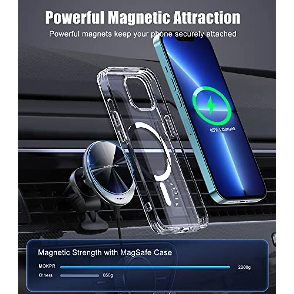 [2023 Upgraded] Magnetic Wireless Car Charger, MOKPR Air Vent Mag-Safe Car Charger Mount Compatible with iPhone 14/14 Plus/14 Pro/14 Pro Max and 13/12 Series, with 36W QC 3.0 Fast Car Charger