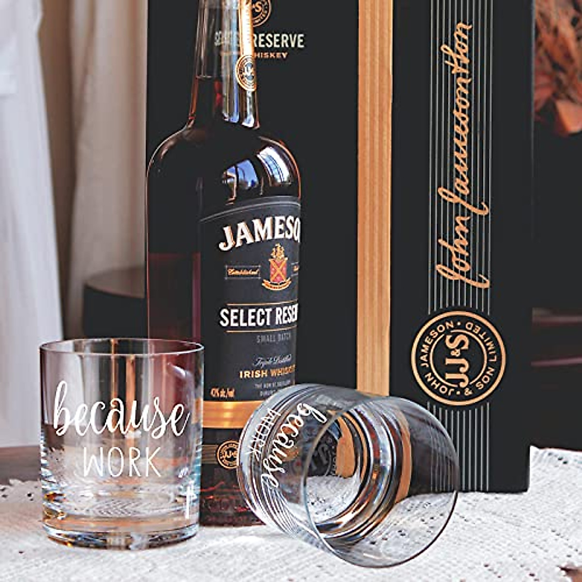 Waipfaru Coworker Gift, Because Work Whiskey Glass, Funny Old Fashioned Glass, Boss Day Rock Glass Gift Christmas Gift Office Gift Birthday Gift for Coworker Boss Friends Women or Men, 10Oz